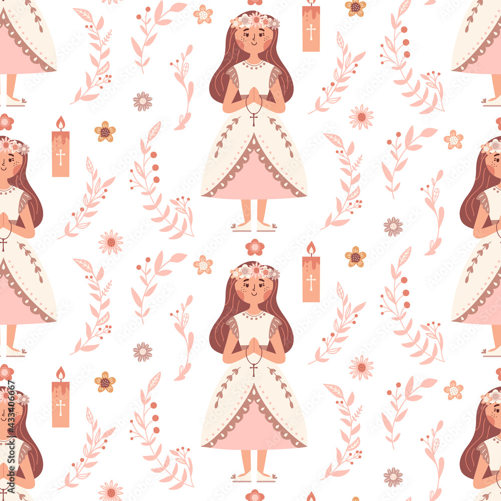 First communion little girl seamless pattern Christian background Stock ...