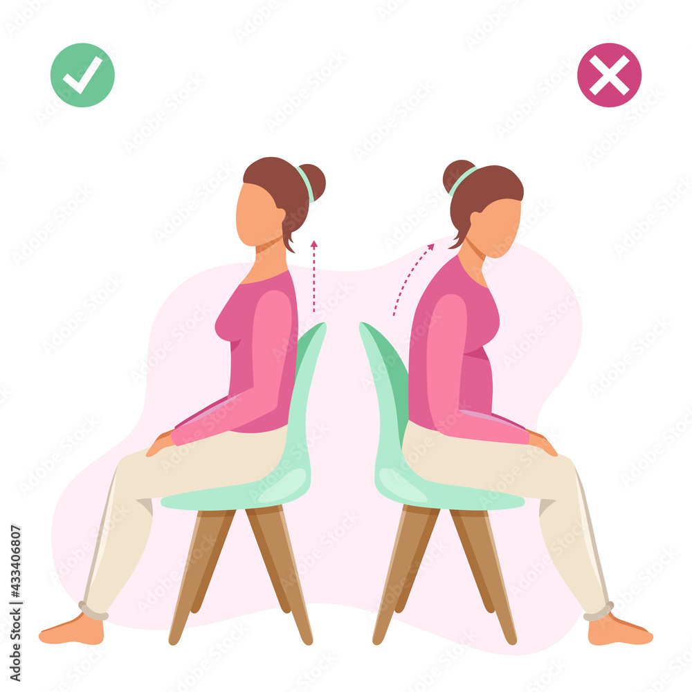 Bad back posture office syndrome vs good back posture.Woman sitting in ...