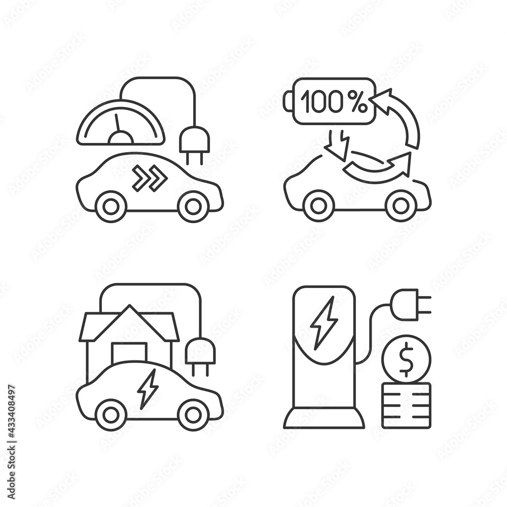 Electric vehicle charging linear icons set. Types of charging ...