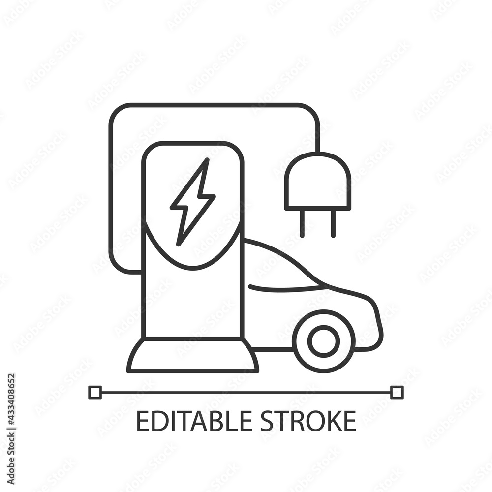 EV charging station linear icon. Place to charge battery of ...