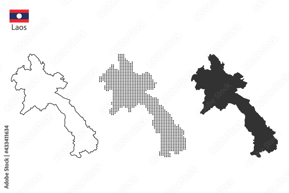 3 versions of Laos map city vector by thin black outline simplicity ...