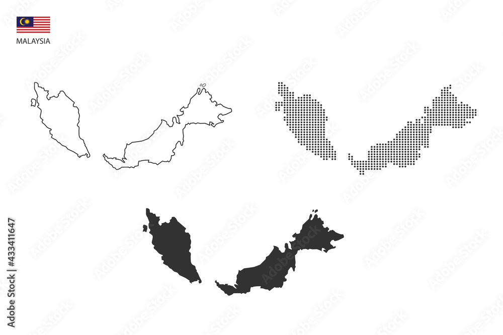 3 versions of Malaysia map city vector by thin black outline simplicity ...