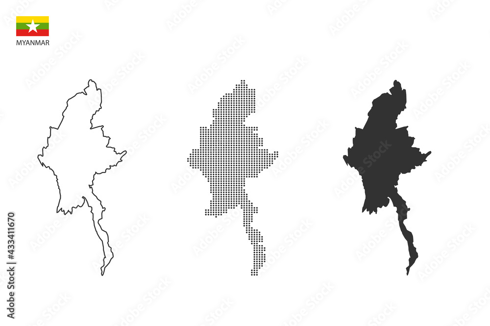 3 versions of Myanmar map city vector by thin black outline simplicity ...