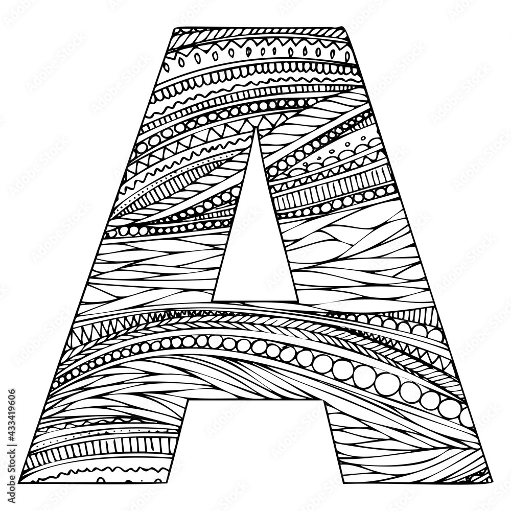 Zentangle stylized alphabet - letter A. vector illustration Black white ...