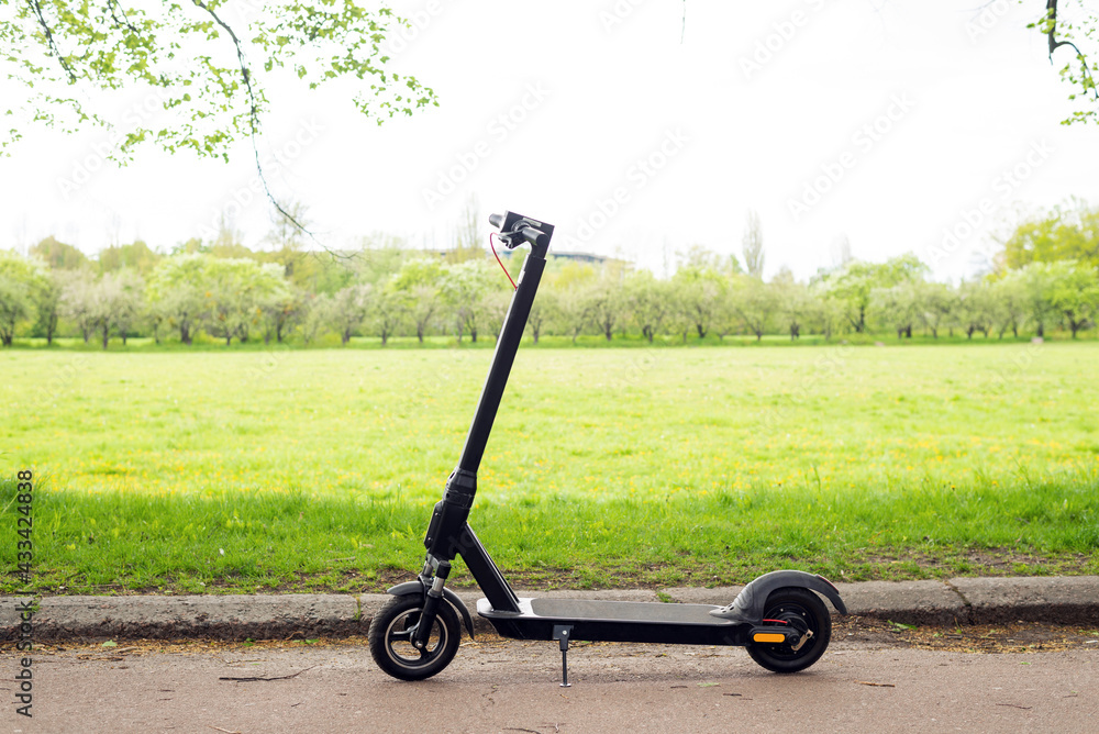 Electric scooter in the park. On the green meadow background. Modern ...