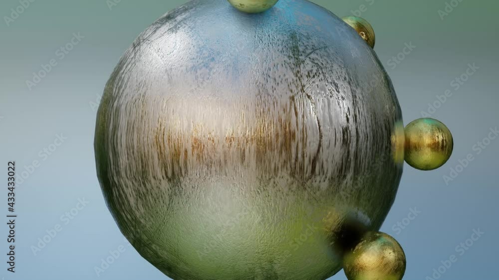 golden spheres roll over the surface of a large silvery sphere. looped ...