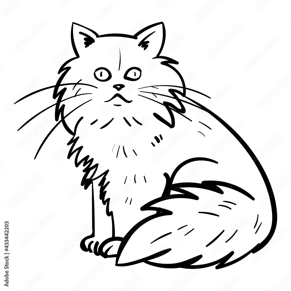 long haired cat. outline, comic, illustration, monochrome. Stock Vector ...