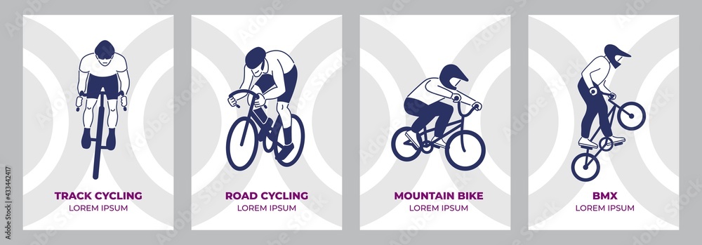 Cycling sport events templates set. Road race, track cycling, mountain ...