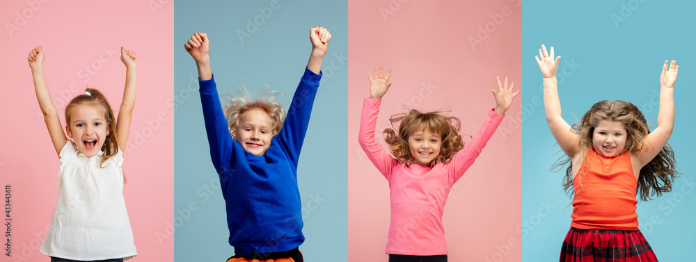 Art collage made of portraits of little and happy kids isolated on ...