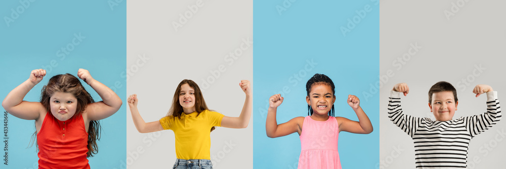 Art collage made of portraits of little and happy kids isolated on ...