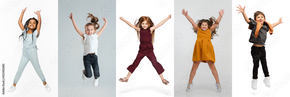 Art collage made of portraits of little and happy kids isolated on ...