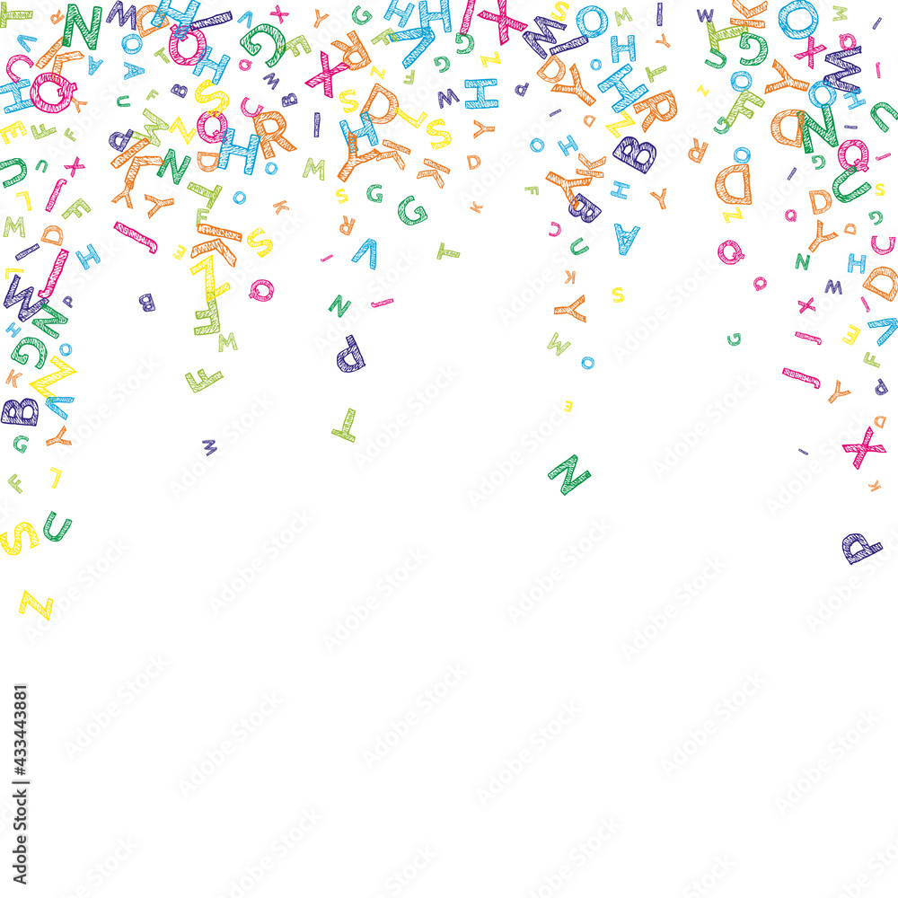 Falling letters of English language. Colorful messy sketch flying words ...