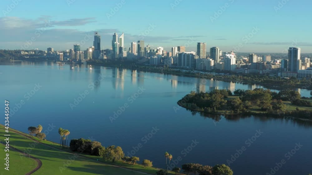 Early morning drone shot of the Perth skyline and Swan River in Western ...