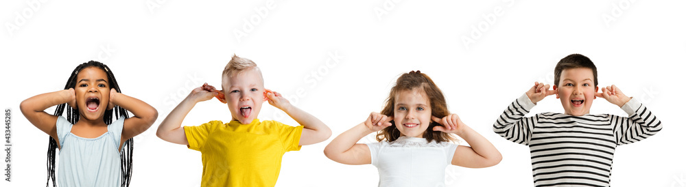 Art collage made of portraits of little and happy kids isolated on ...