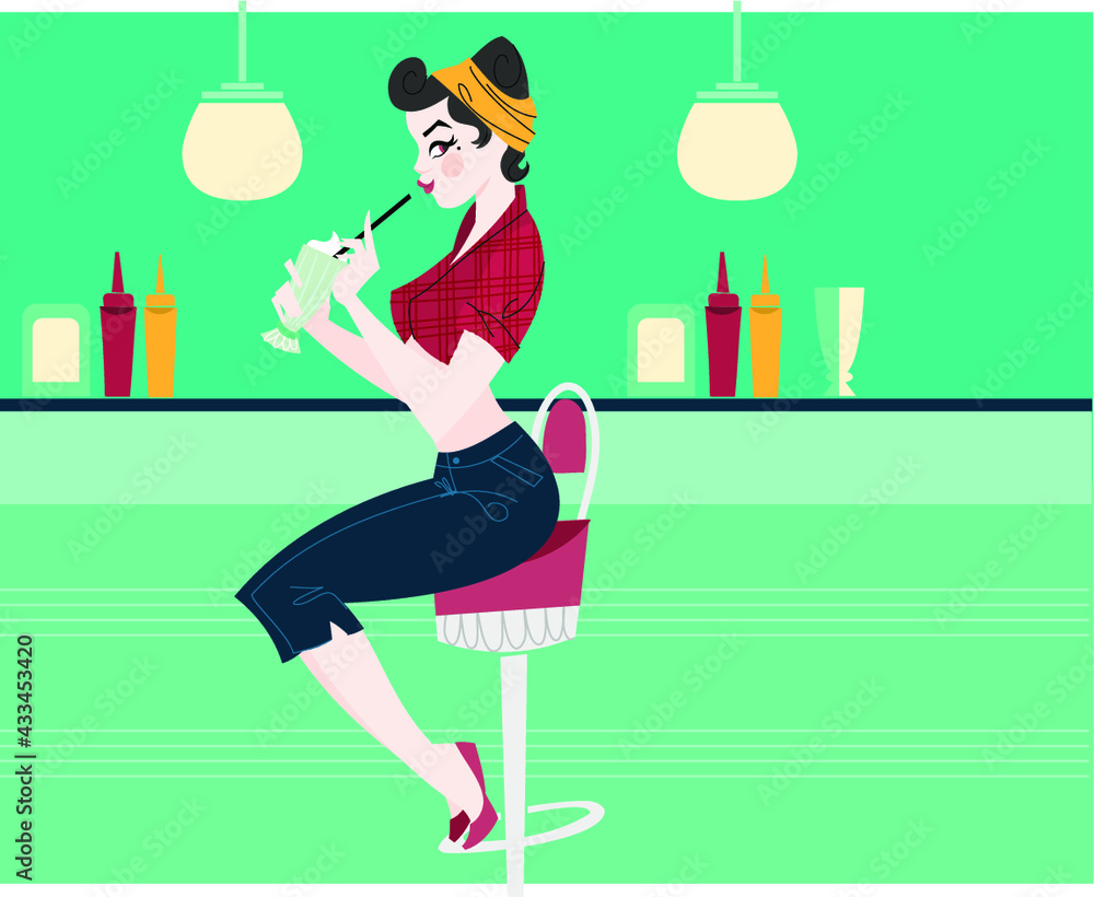 Vintage Diner Pin Up Girl Sitting At The Counter With A Milkshake Stock
