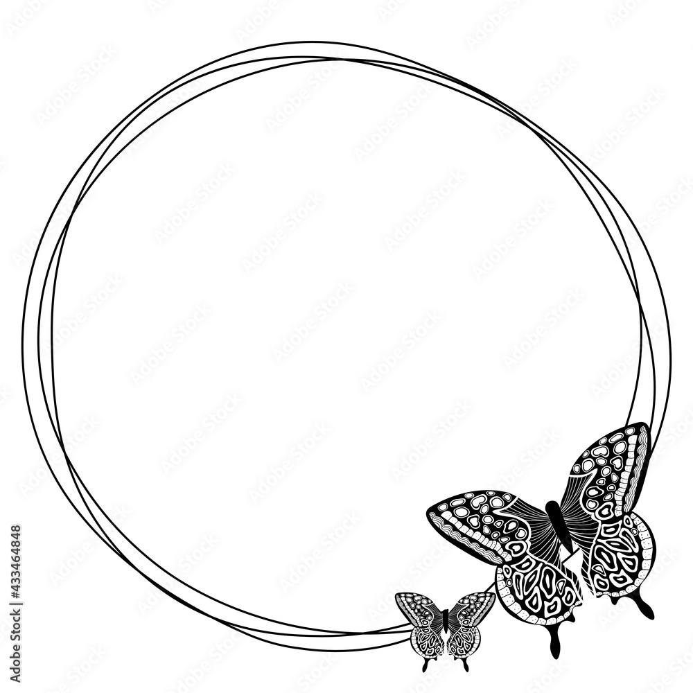 Elegant butterfly circle frame in black and whte style isolated on ...