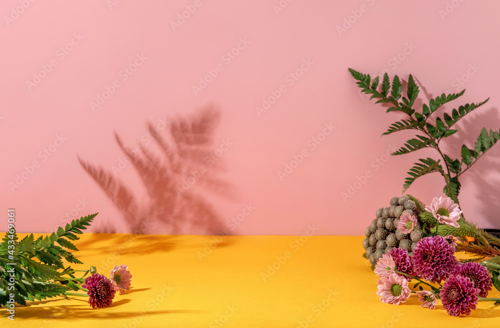 Summer style of showcase for cosmetics product display on yellow and ...
