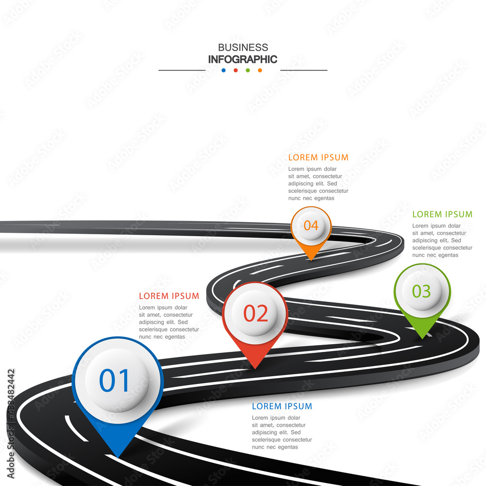 Vector road infographic with pin pointer. Timeline template with 4 ...