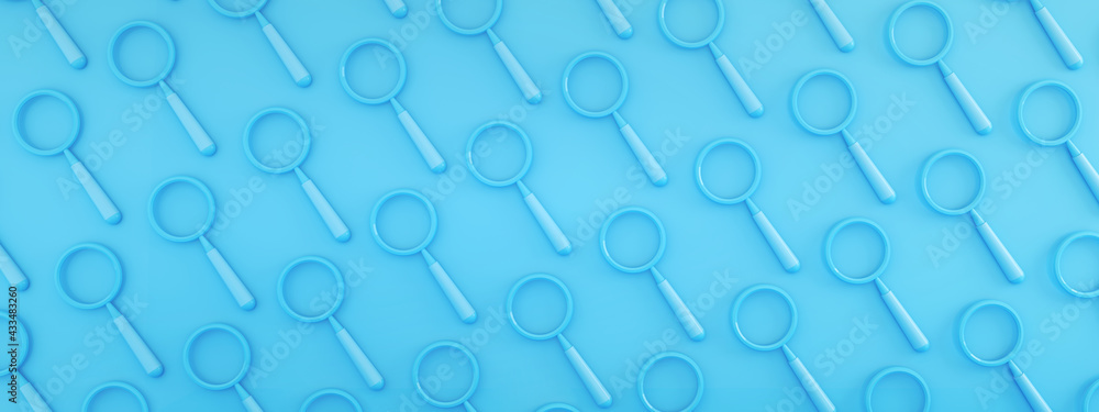 Magnifying glass pattern on light blue background, 3d render, panoramic ...