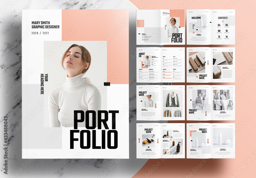 Portfolio Layout with Pink and Gray Accents Stock Template | Adobe Stock