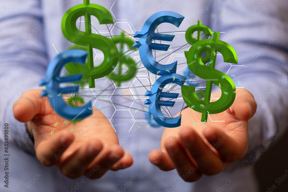 Main world currency theme dollar and euro background. Row and pile of ...