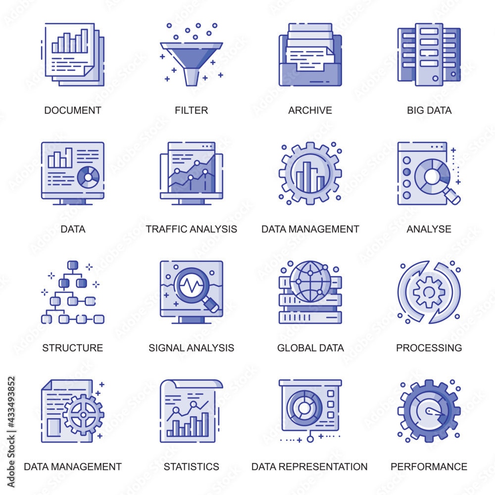 Data Analysis web flat line icons set. Pack outline pictogram of global ...