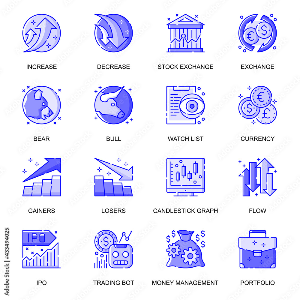 Stock Quotes web flat line icons set. Pack outline pictogram of ...