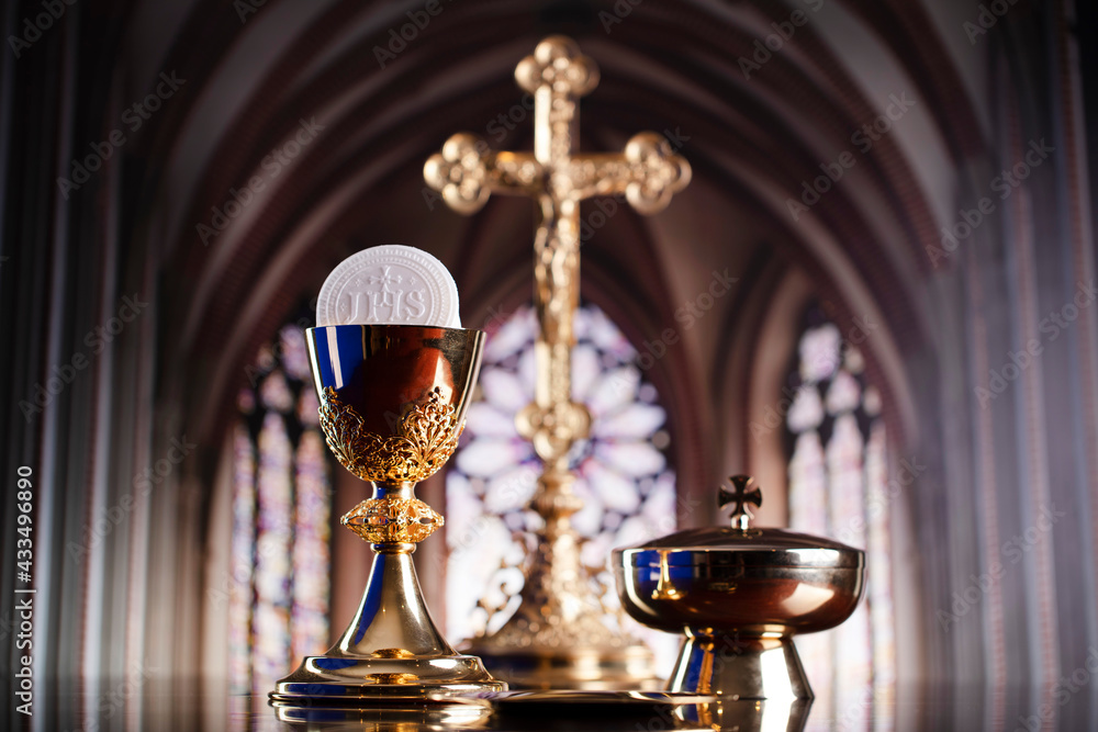 First Holy Communion. Catholic religion theme. Crucifix, the Croass and ...