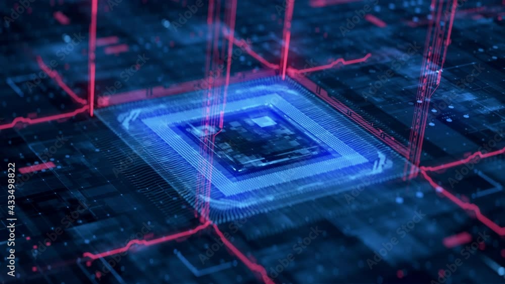Technology Background Futuristic CPU Circuit. 3D Visualization AI Processor Power. Colorful Blue ...