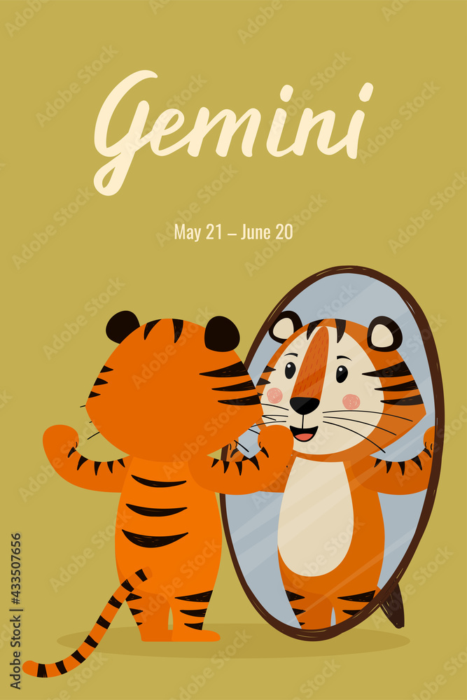The zodiac sign is Gemini. A postcard with a tiger, the symbol of 2022 ...