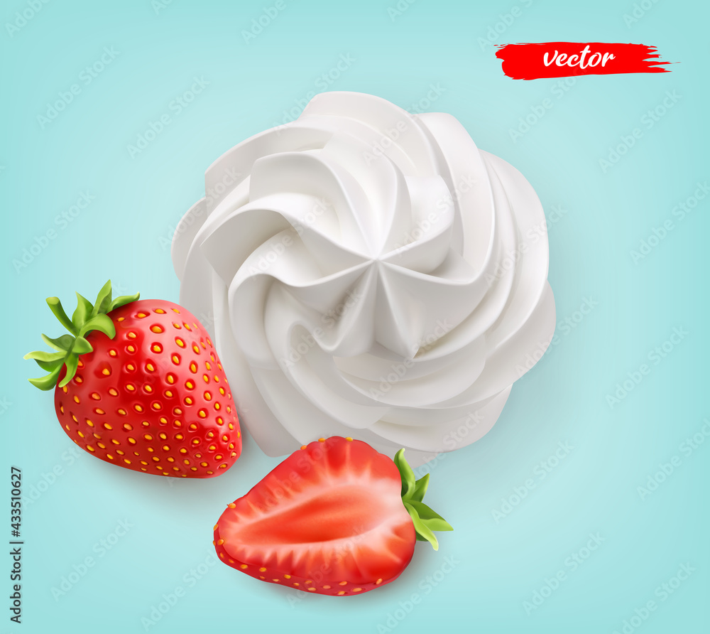 Whipped cream with strawberry and half strawberry on blue background ...