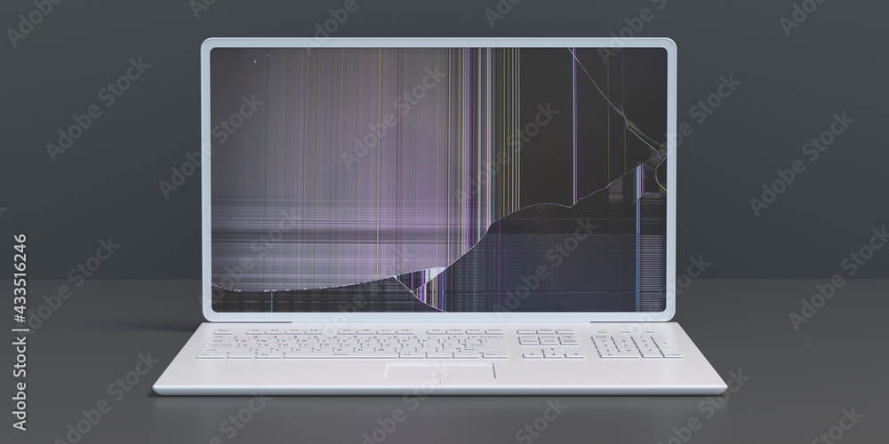 Computer laptop with broken screen isolated on black background. 3d ...