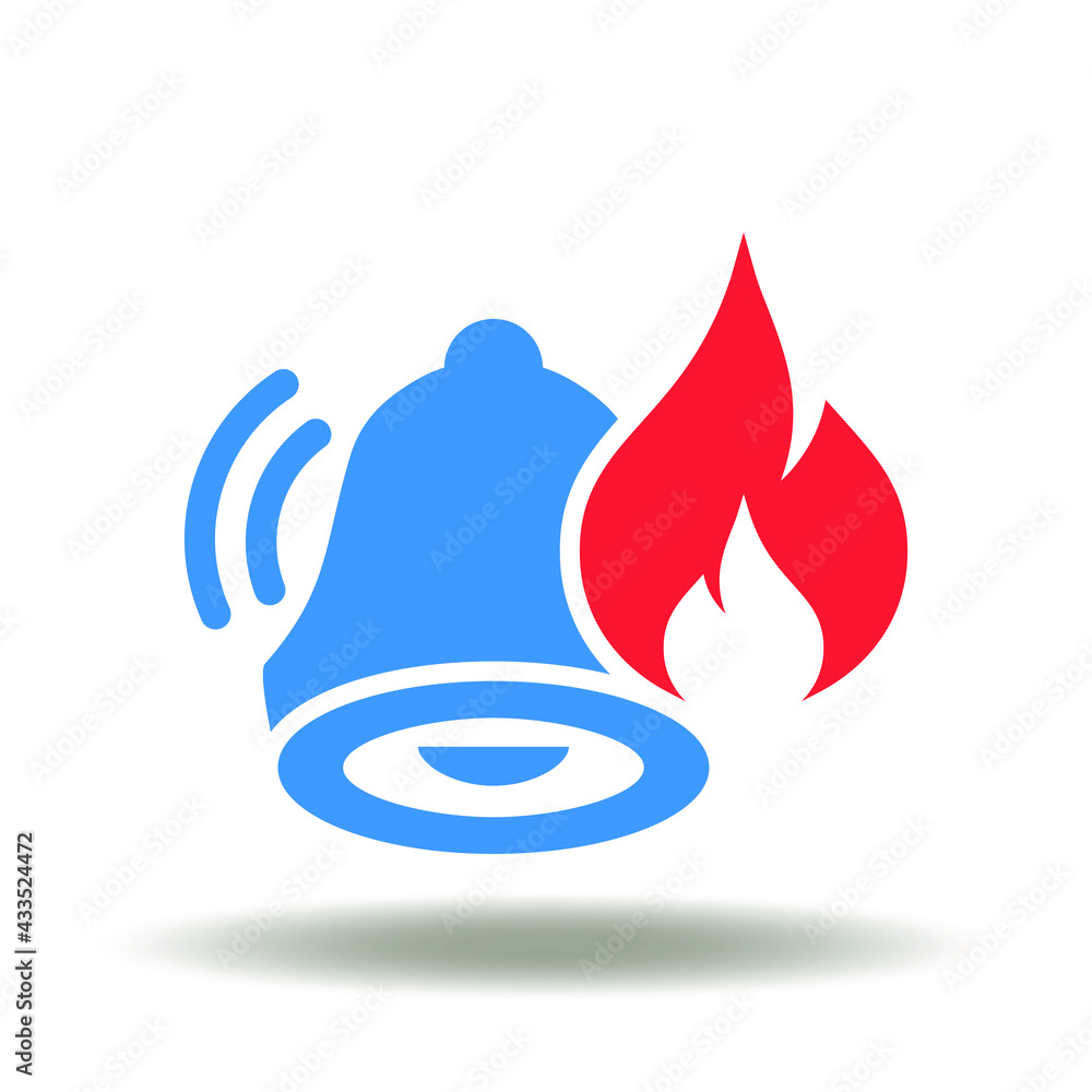 Ring bell and fire flame vector illustration. Alert fire protection ...