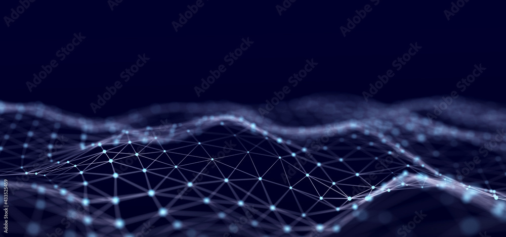 Network connection data structure. Information technology. Big data visualization. 3D rendering ...