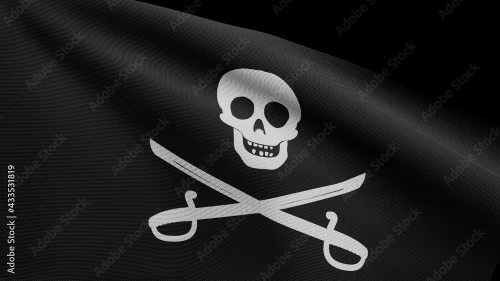 3D, Alpha channel fabric texture pirate skull with sabers flag waving ...