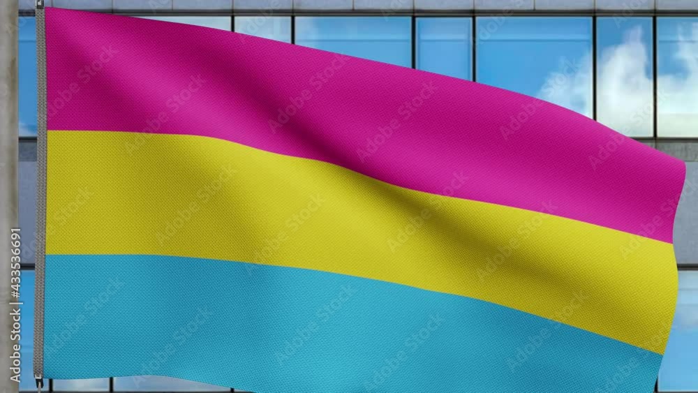 3D, Pansexuality flag waving on wind at modern city. Pansexual banner ...