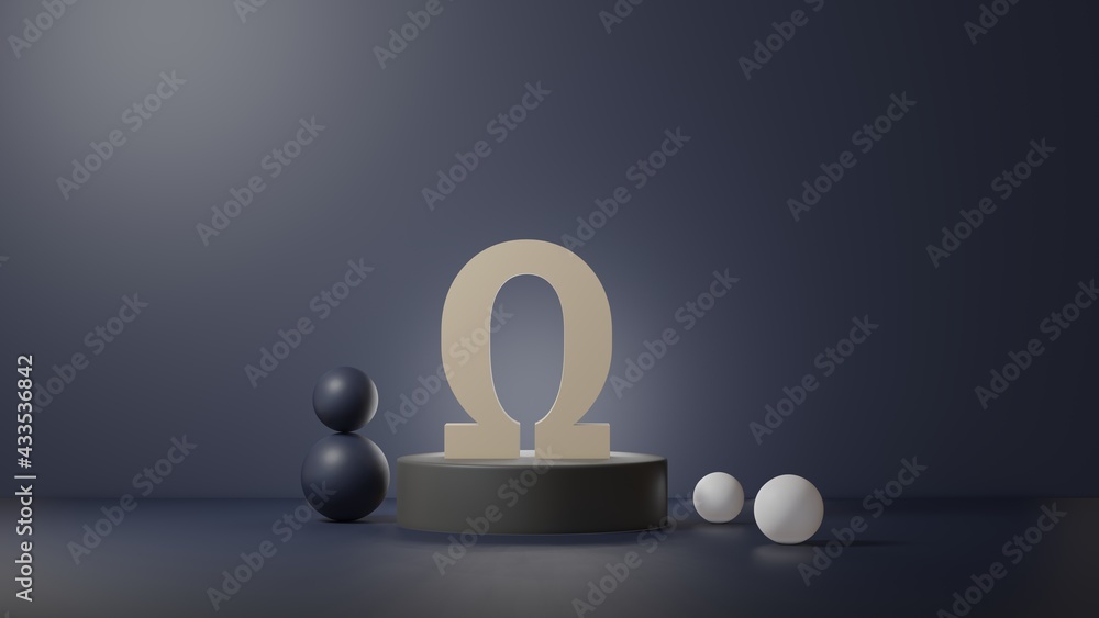 Ohm physics symbol in podium and dark blue background. 3D Illustration ...