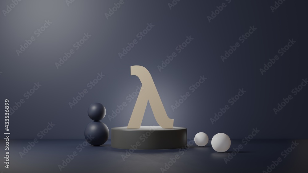 Lamda physics symbol in podium and dark blue background. 3D ...