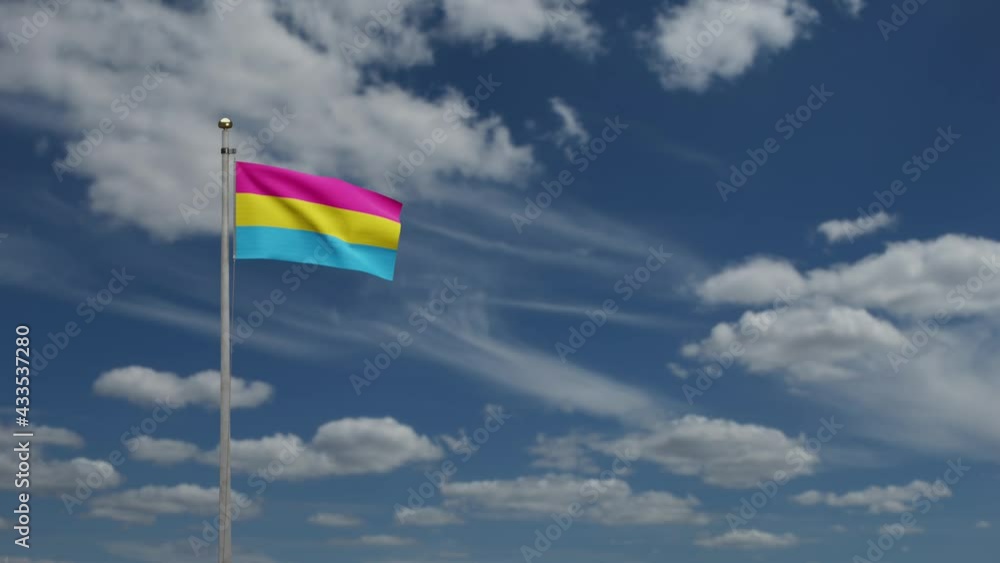 3d Pansexuality Flag Waving On Wind With Blue Sky Clouds Pansexual