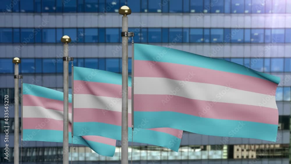 3D Transsexuality flag waving on wind at modern city. Transsexual ...