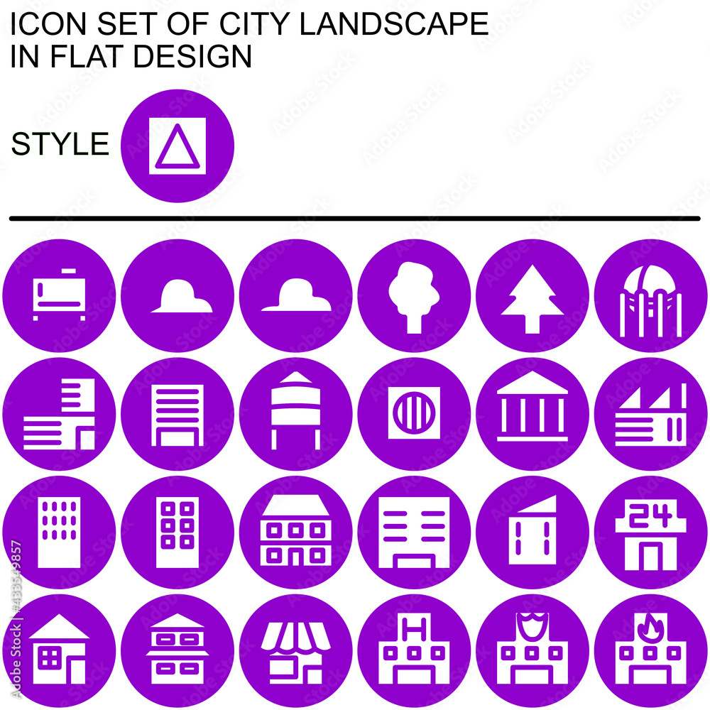 City landscape icon set in flat design with purple lines, white fills ...