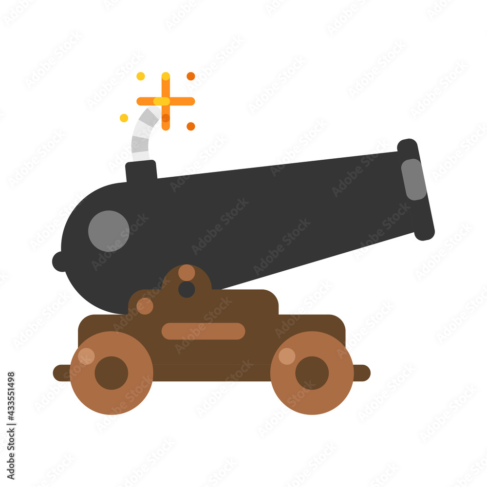 Old ship cannon with burning wick vector flat illustration. Historical ...