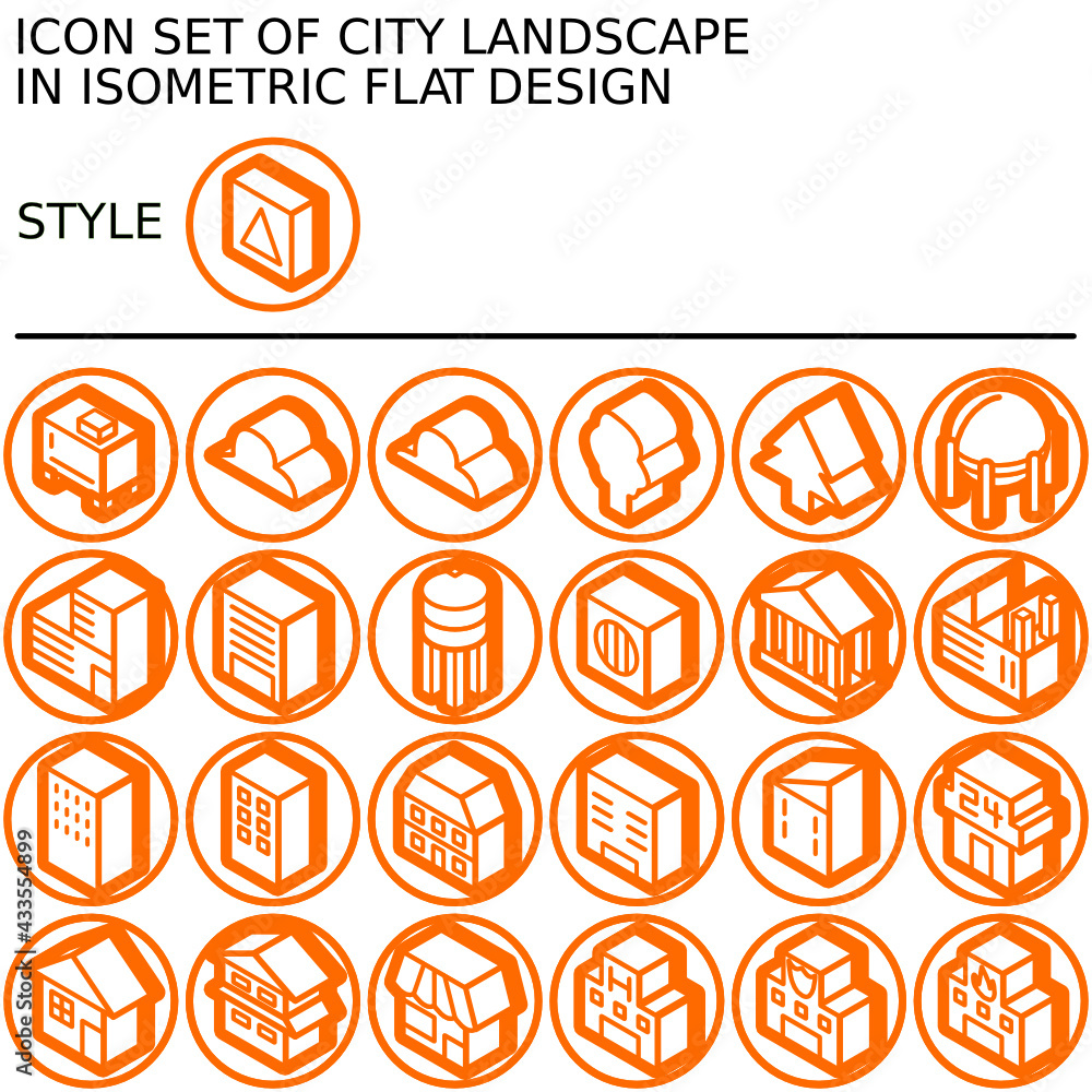 City landscape icon set in isometric flat design with orange lines ...