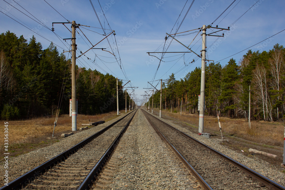 Double track railway. Direct section of the electrified double-track ...