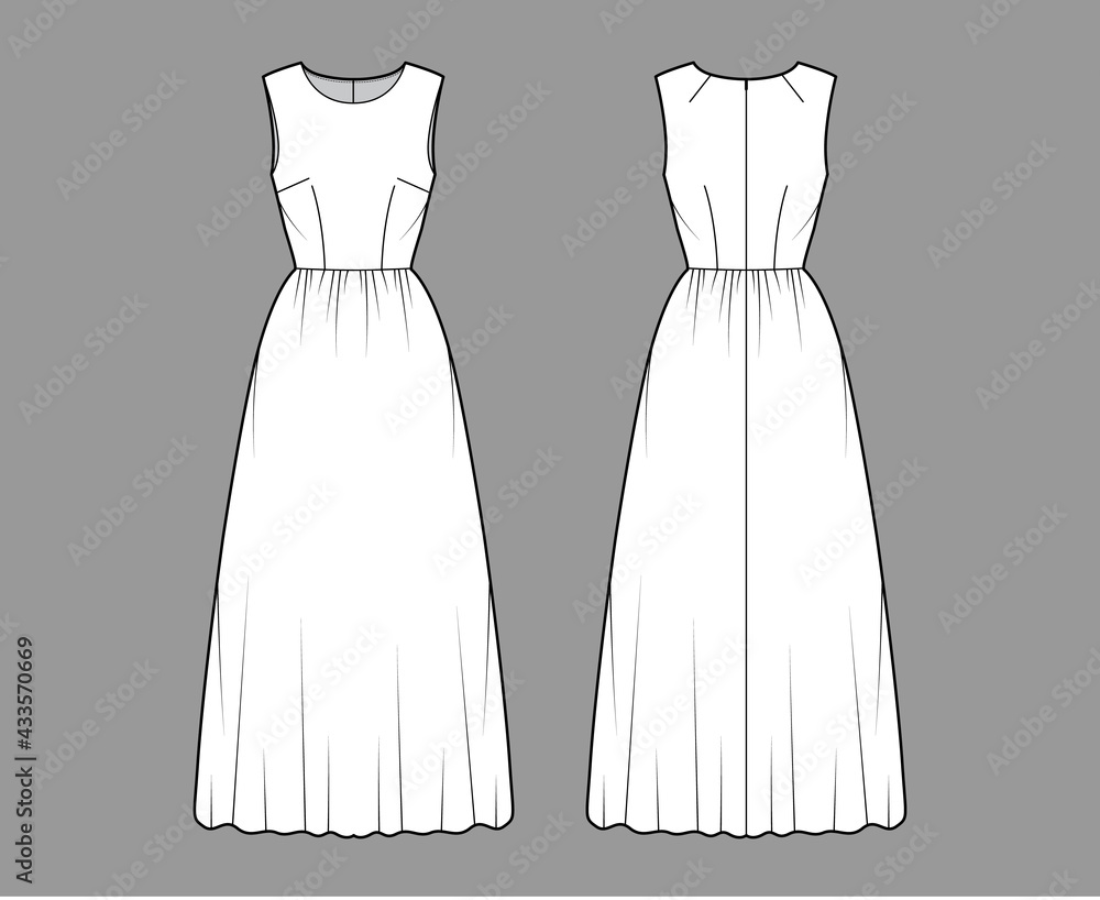 Dress long technical fashion illustration with sleeveless, fitted body ...