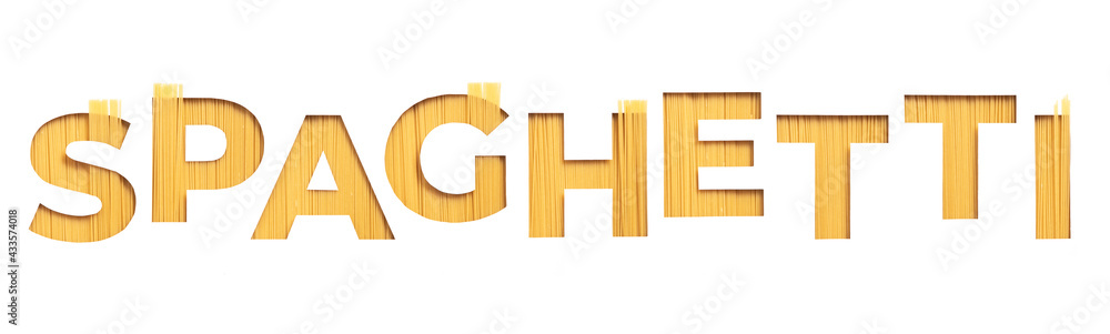 Lettering of English word Spaghetti made of pasta and cut paper ...