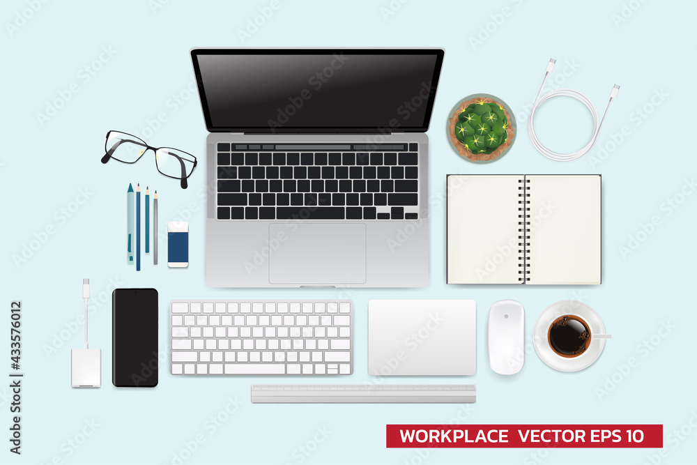 Realistic workspace elements, workplace with elements on desk top view ...