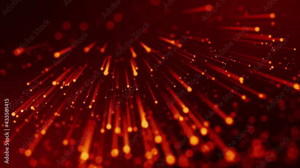 4k 3d animation with light effects. Red yellow particles float in ...