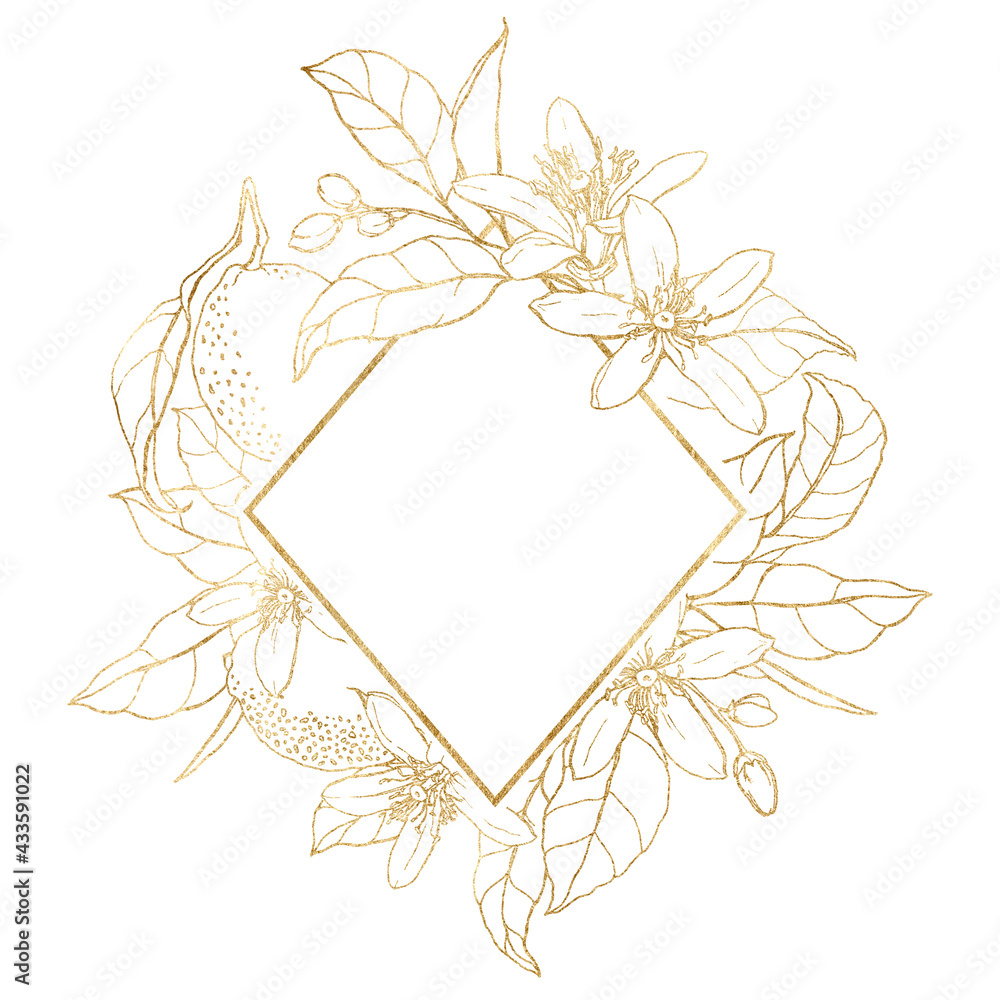 Watercolor rhombus frame of linear lemons, gold leaves and flowers ...