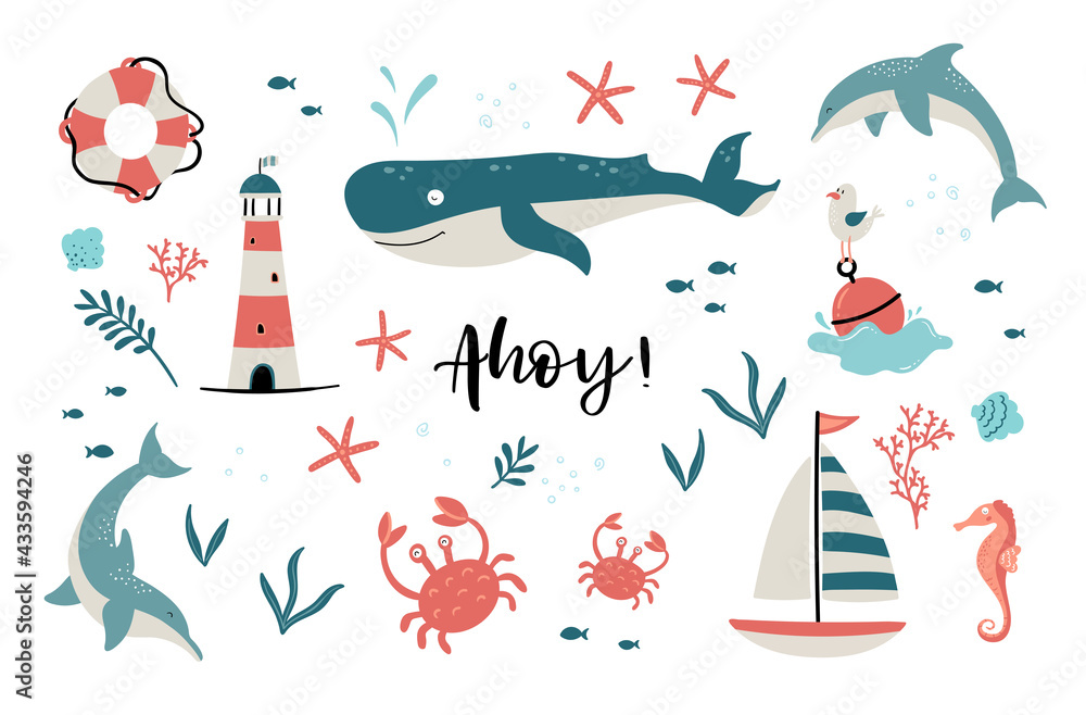 Cute hand drawn marine objects, lovely creatures, lighthouse, ship and ...